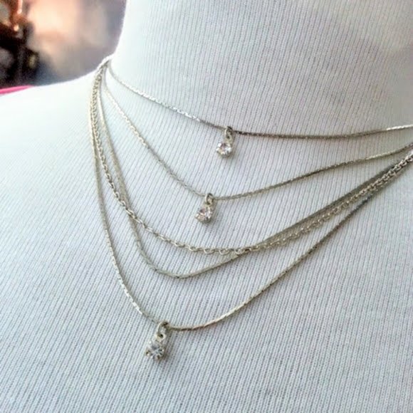 Jewelry | 5strand Silver Chain Necklace Dangle Rhinestone 2 | Poshmark